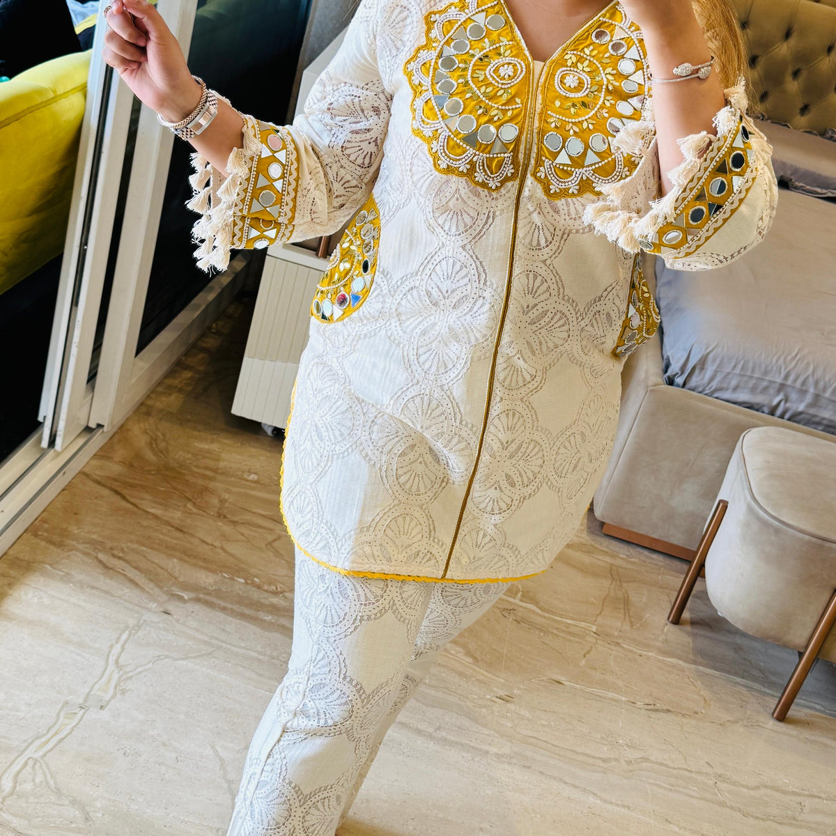 Ivory with Mustard- Kroshia Co-ord Set – Selfie Kurtiz